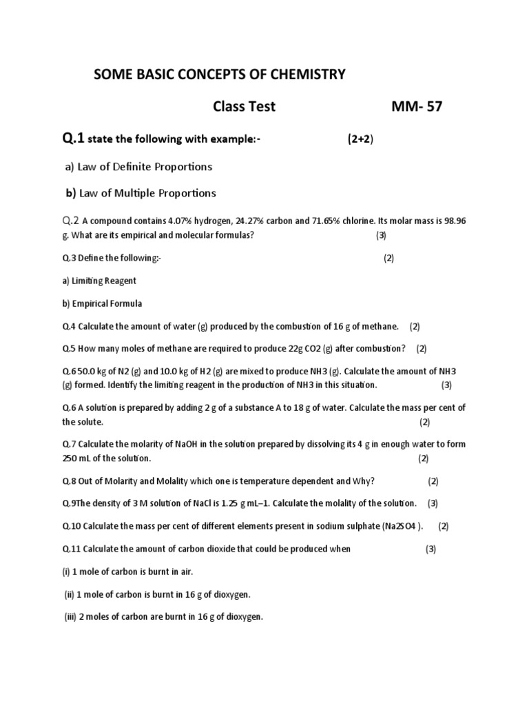 SOME BASIC CONCEPTS OF CHEMISTRY Class Test | PDF | Mole (Unit ...