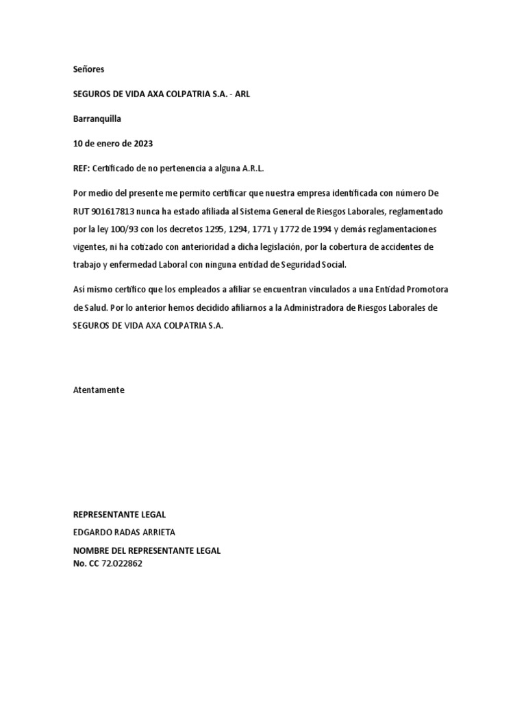 Certificado no pertenencia ARL Seguros Vida AXA Colpatria | PDF Certificado no pertenencia ARL Seguros Vida AXA Colpatria | PDF