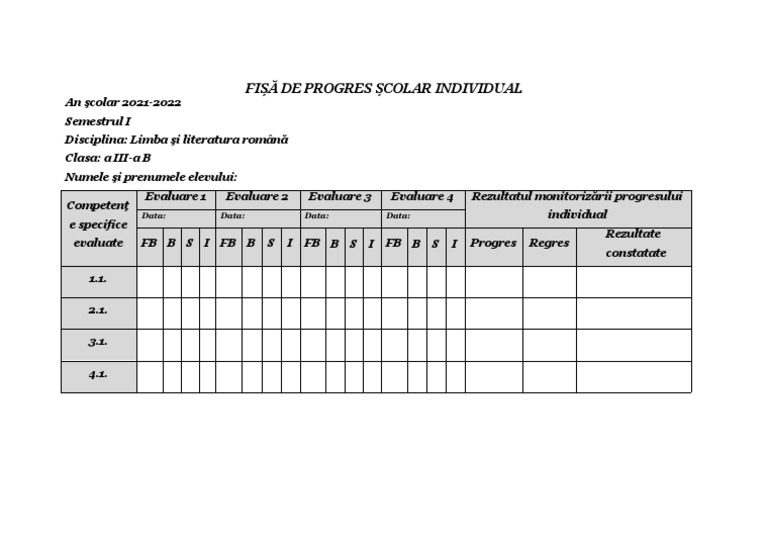 Fișă de Progresc Școlar Individual | PDF