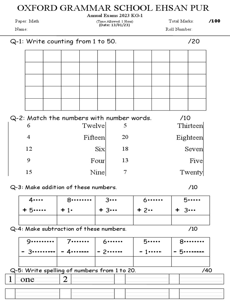 KG-1 Math Exam Paper 2023 | PDF