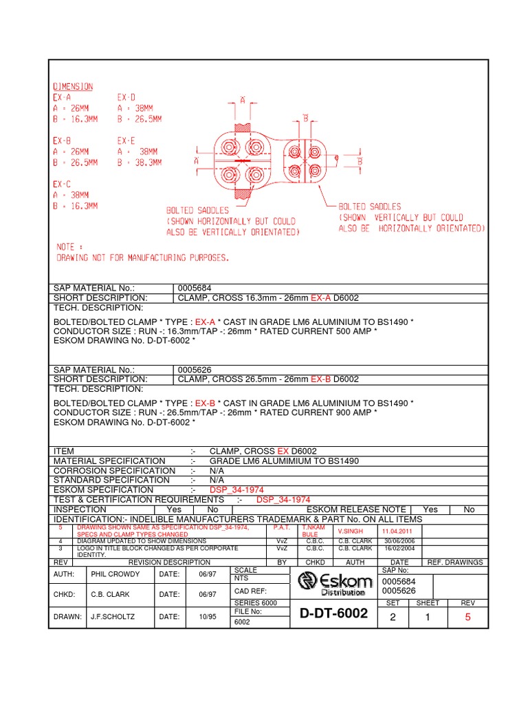 5 Drawing Shown Same As Specification DSP - 34-1974, Specs and Clamp Types Changed P.A.T. T.Nkam ...