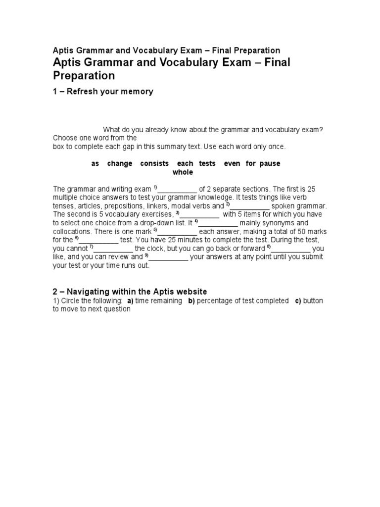 Aptis Grammar and Vocabulary Exam | PDF | Human Communication | Linguistics