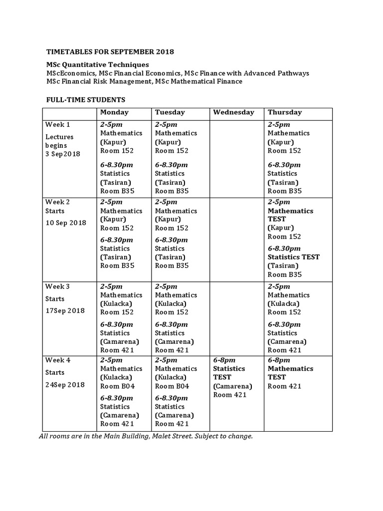 September 2018 MSc Timetable | PDF