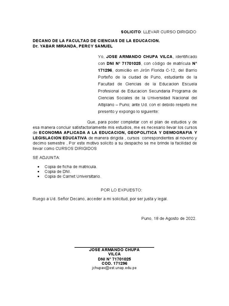 Solicitud para Llevar Curso Dirigido | PDF