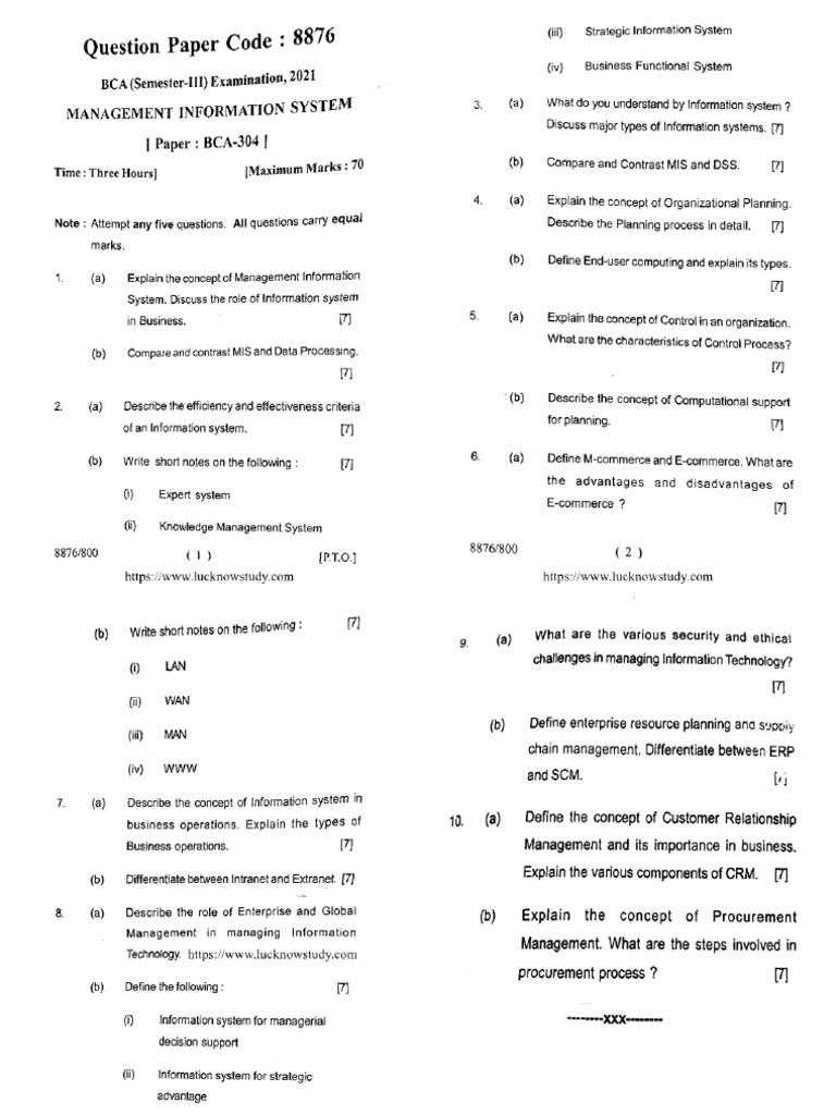 Bca 3 Sem Management Information System 8876 2021 | PDF