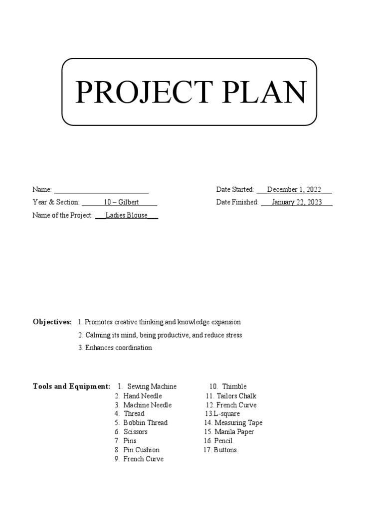 Project Plan | PDF | Sewing | Blouse