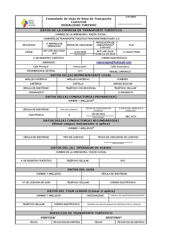 Copia de Hoja - de - Ruta - 2021 Con Firma | PDF | Transporte