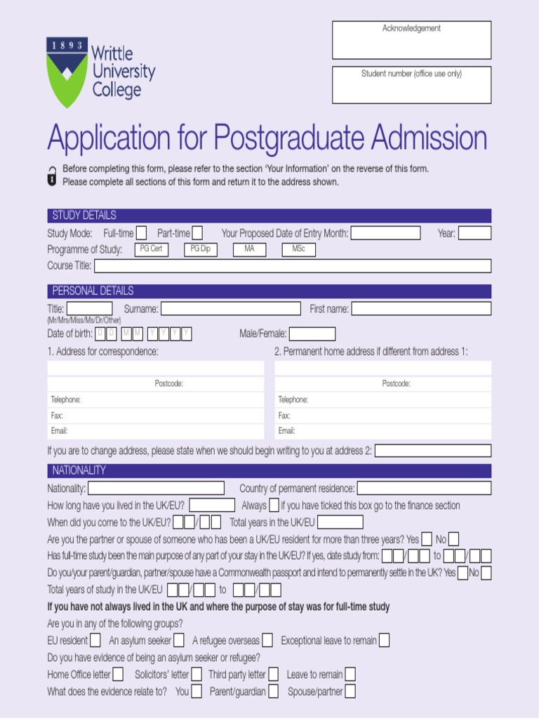 Application for Postgraduate Admission: Document Outlining the ...