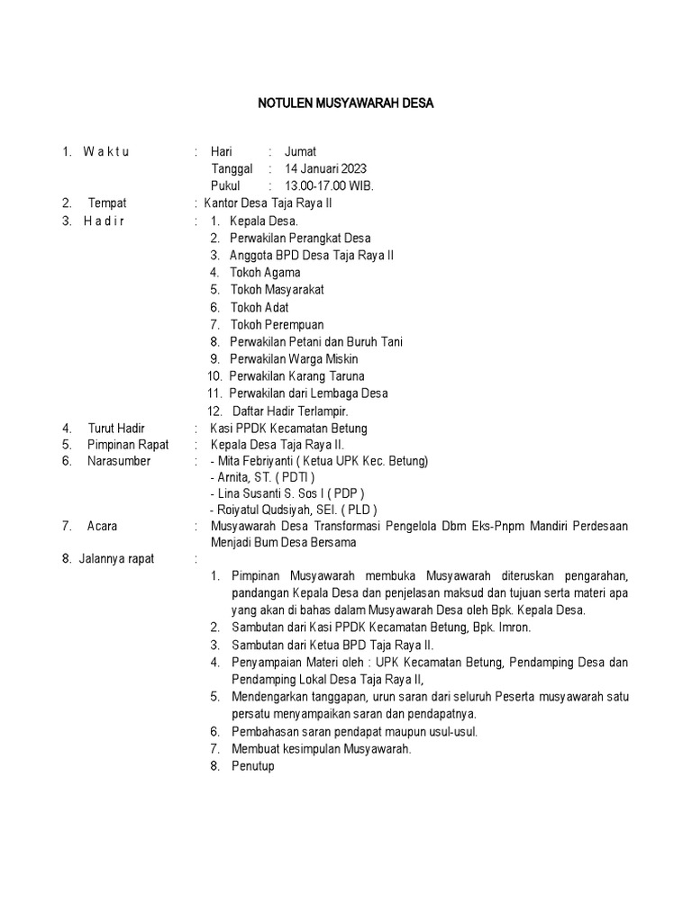 Notulen Musdes Transformasi Pengelola DBM Eks-Pnpm Mandiri Perdesaan Menjadi Bum Desa Bersama | PDF