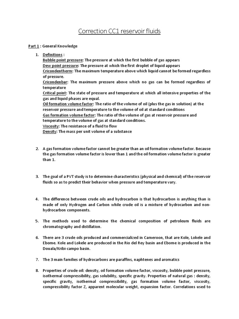 Correction CC1 Reservoir Fluids | PDF | Petroleum | Gases