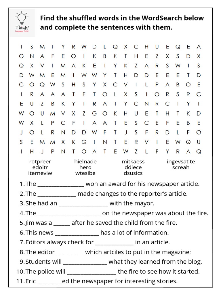 Newspaper Vocabulary Wordsearch To Complete Sentences | PDF
