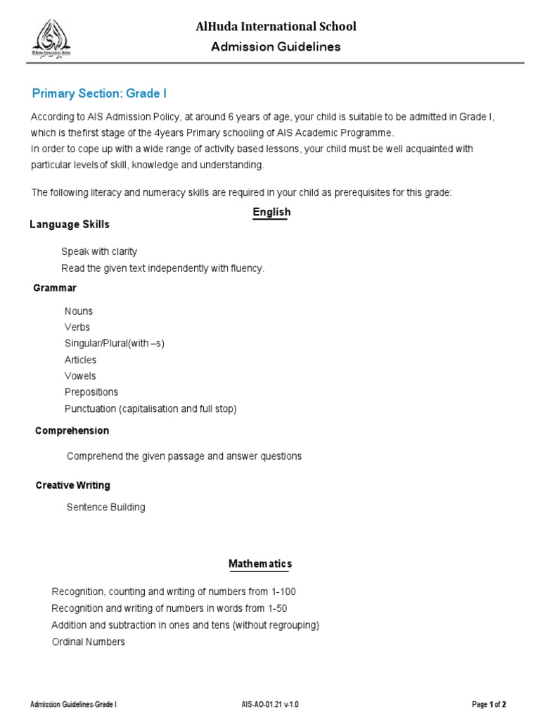 Admission Syllabus Guidelines Grade I 2021 2022 | PDF | English ...