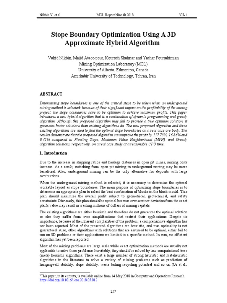 Stope Boundary Optimization Using A 3d Approximate Hybrid Algorithm Pdf Dynamic Programming