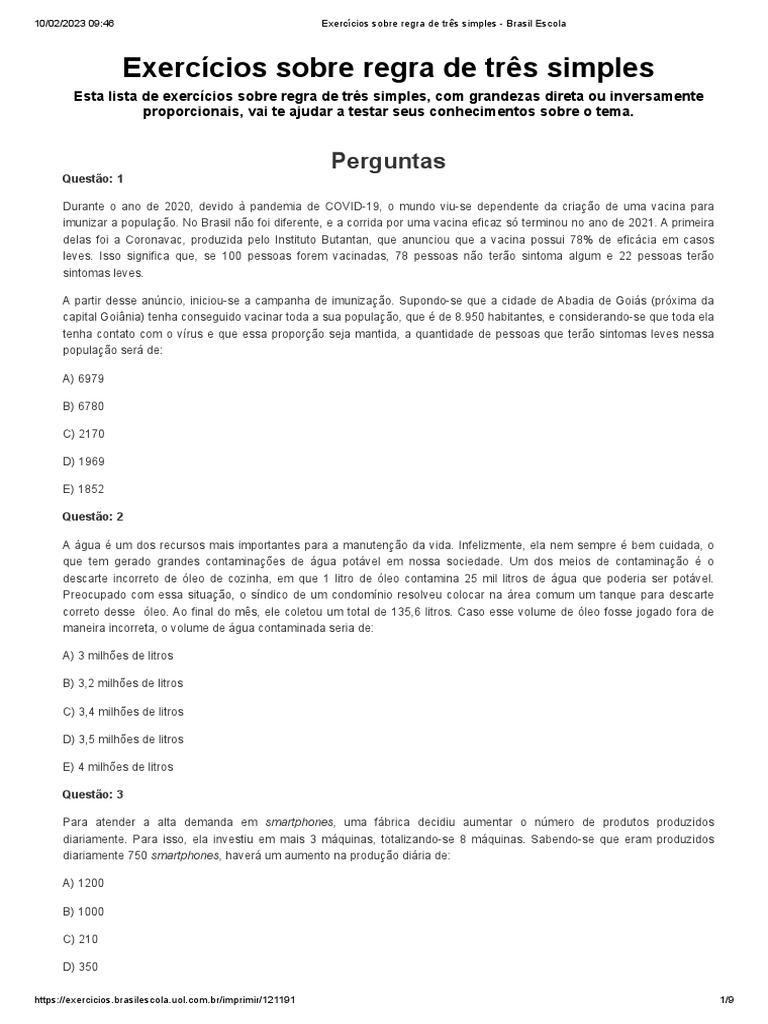 Exercícios Sobre Regra de Três Simples - Brasil Escola | PDF