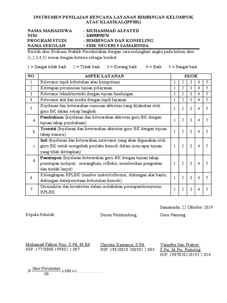 Instrumen Penilaian Rencana Layanan Bimbingan Klasikal | PDF