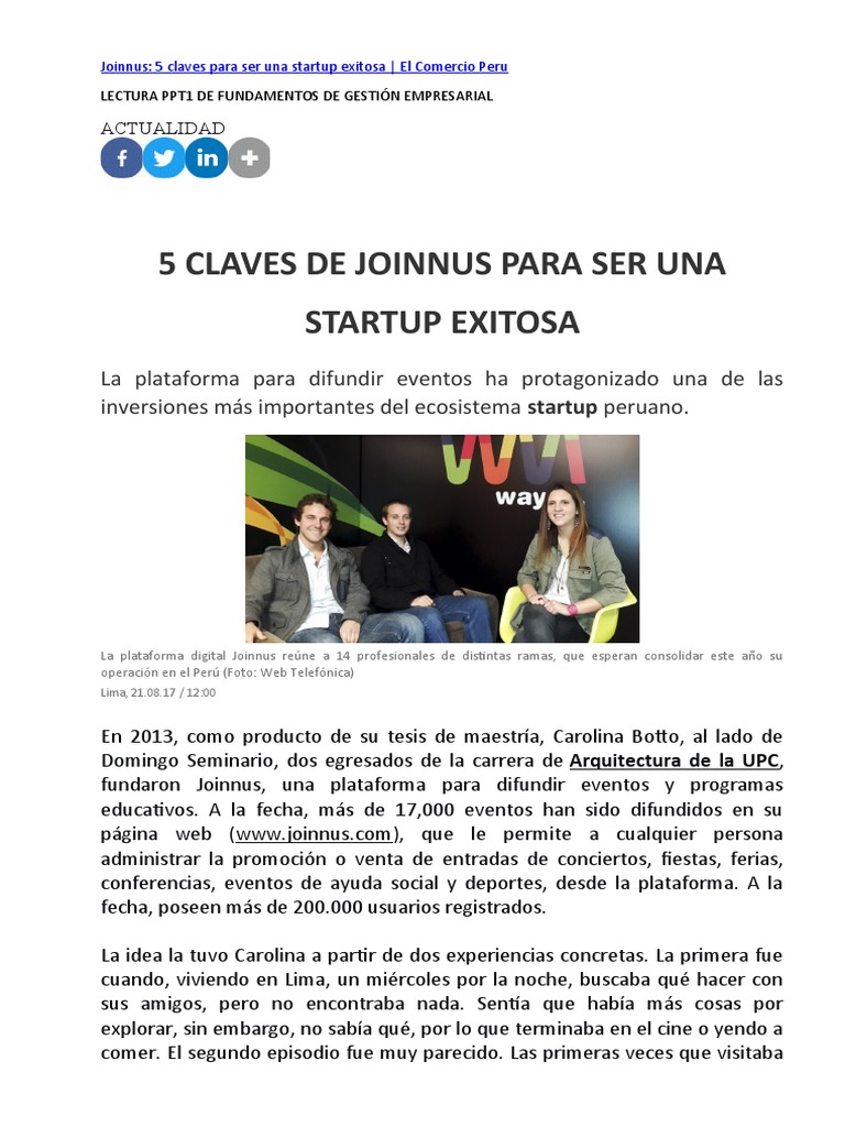 Lectura PPT 1 - 5 Claves de Joinnus | PDF | Empresa de inicio ... Lectura PPT 1 - 5 Claves de Joinnus | PDF | Empresa de inicio ...