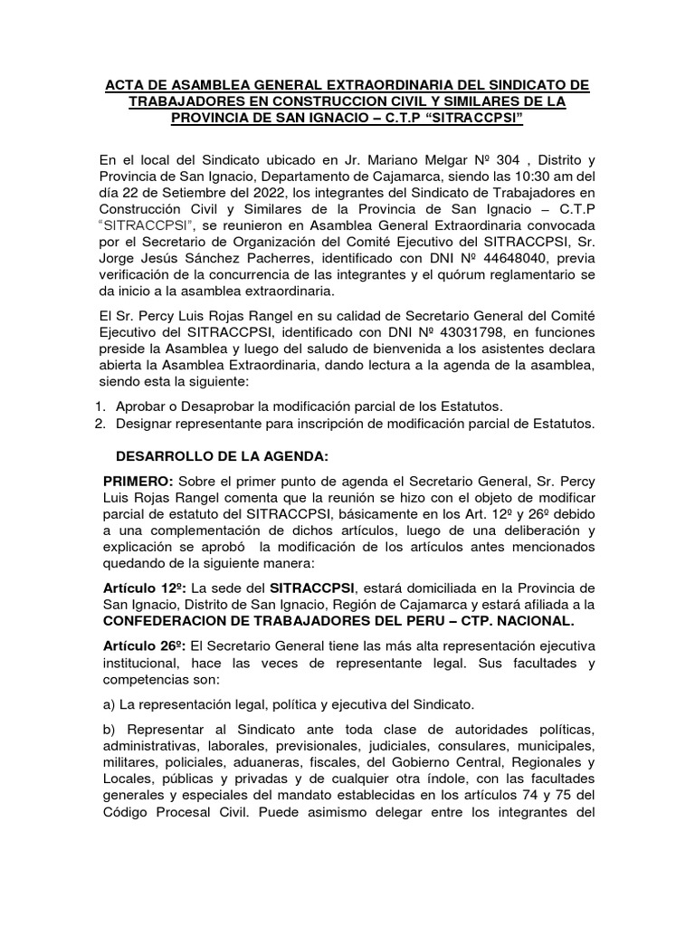 Acta de Asamblea General Extraordinaria Sindicato | PDF | Ejecutivo (gobierno) | Gobierno de españa