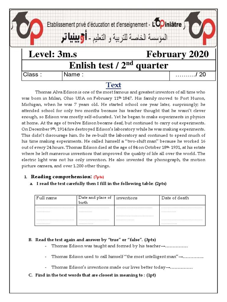 Dzexams 3am Anglais 456307 | PDF | Thomas Edison | Cognition