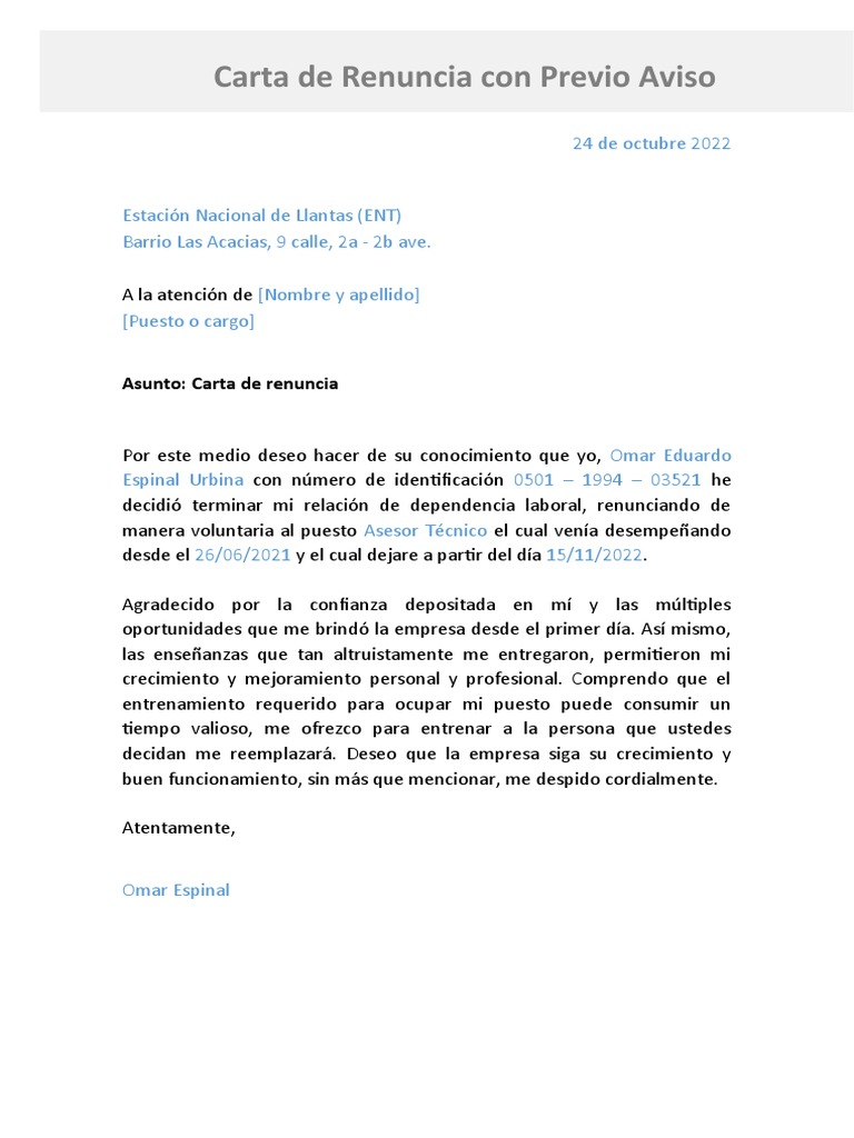 Carta de Renuncia con Preaviso | PDF