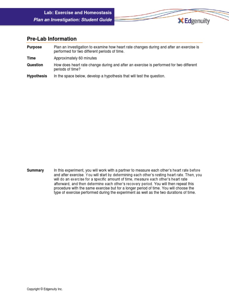 Plan An Investigation Guide - Exercise and Homeostasis - Student Guide ...