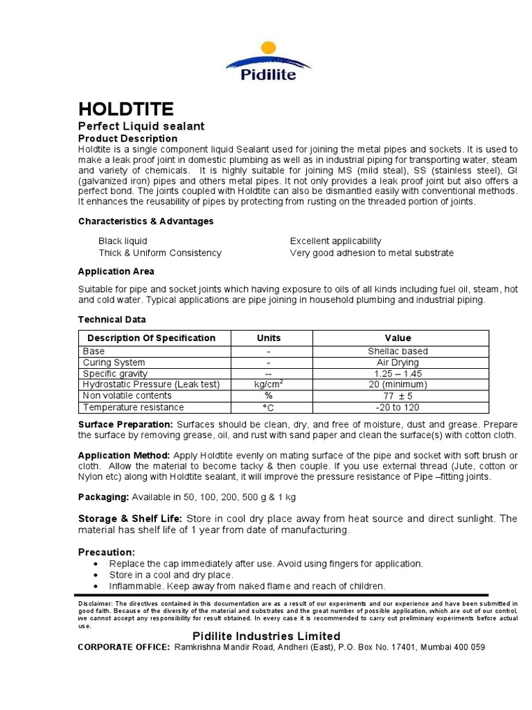 Holdtite Perfect Liquid Sealant | PDF | Pipe (Fluid Conveyance) | Liquids