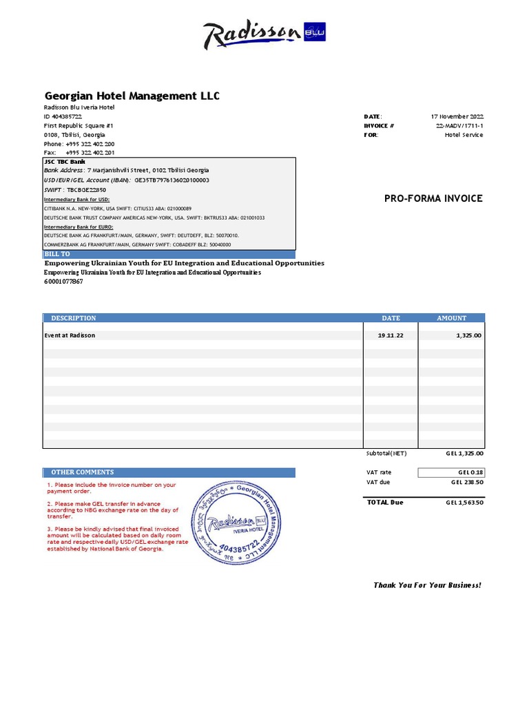 Georgian Hotel Management LLC: Pro-Forma Invoice | PDF