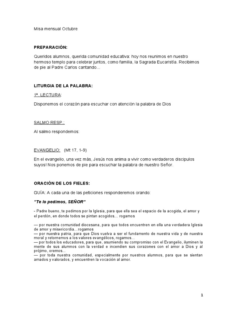 Guión Misa | PDF | eucaristía | Misa (liturgia)