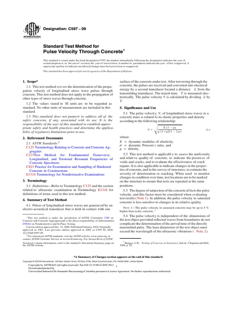 ASTM C597 - Standard Test Method For Pulse Velocity Through Concrete ...