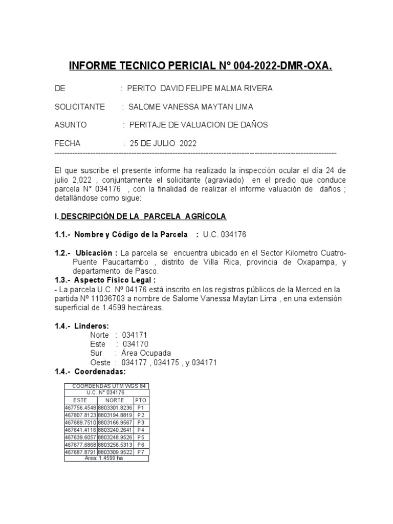 Inf. Tec. Pericial DAÑOS | PDF | Agricultura | Nutrición