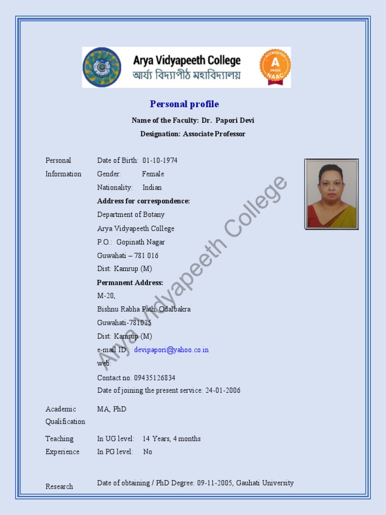 Bio Data Dr. Papori Devi | PDF | Doctor Of Philosophy | Botany
