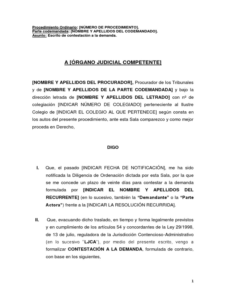 Modelo de Contestación A La Demanda Contencioso | PDF | Demanda ...