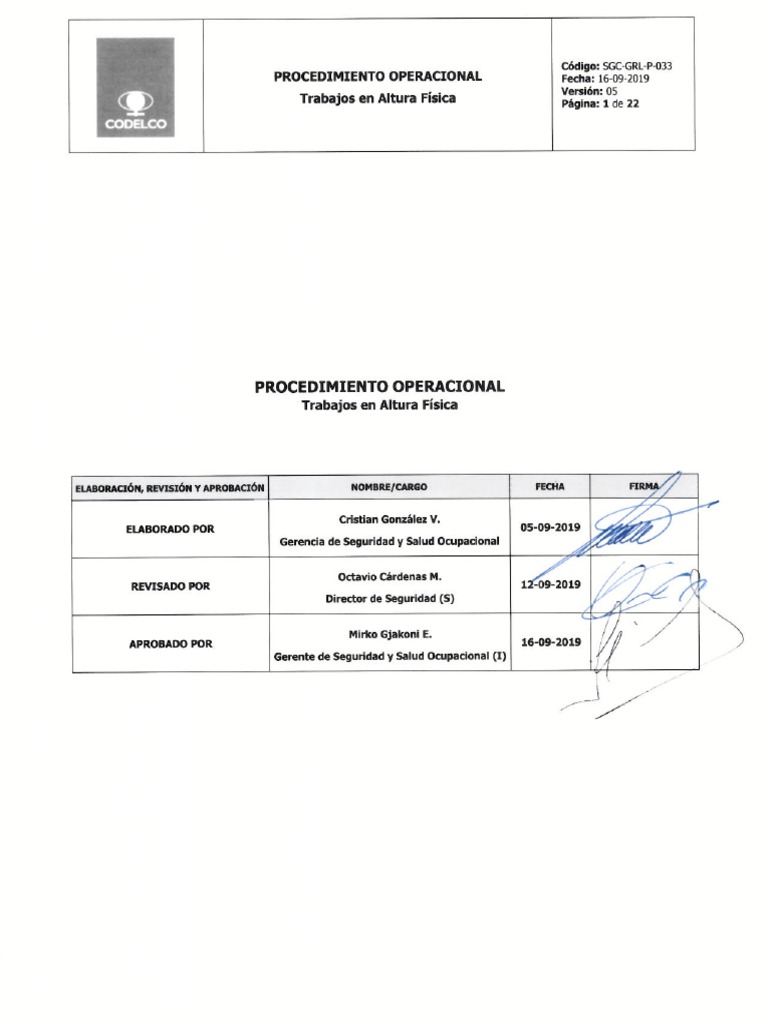 SGC-GRL-P-033 Trabajo en Altura Física | PDF | Andamio | Seguridad y salud ocupacional