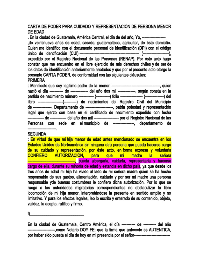 CARTA DE PODER PARA CUIDADO Y REPRESENTACIÓN DE PERSONA MENOR DE EDAD | PDF