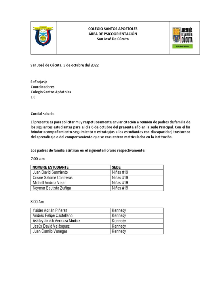 Oficio Citación A Reunión | PDF