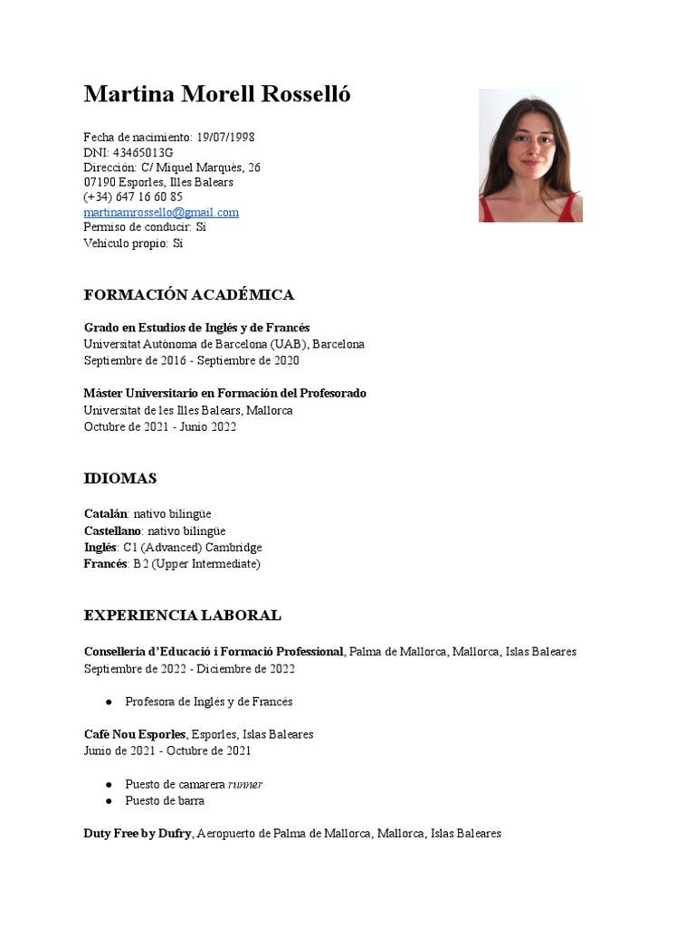 Currículum Vitae Martina Morell | PDF | Estudios de idiomas extranjeros
