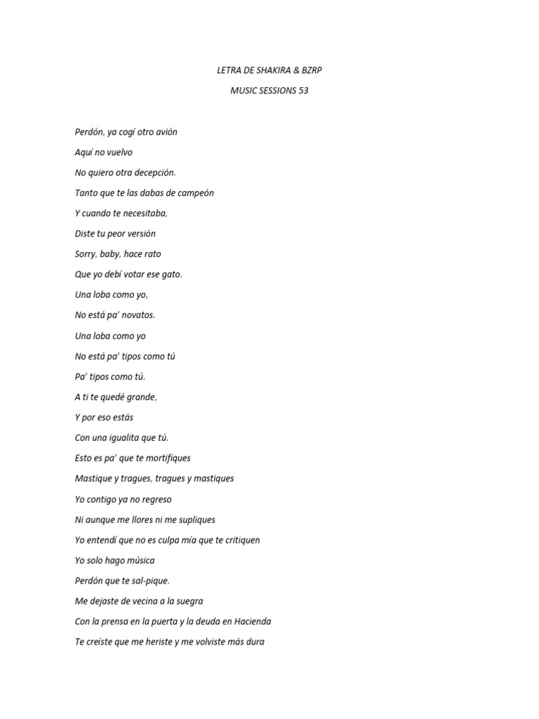 Letra de Shakira y Bizarrap - Session 53 | PDF