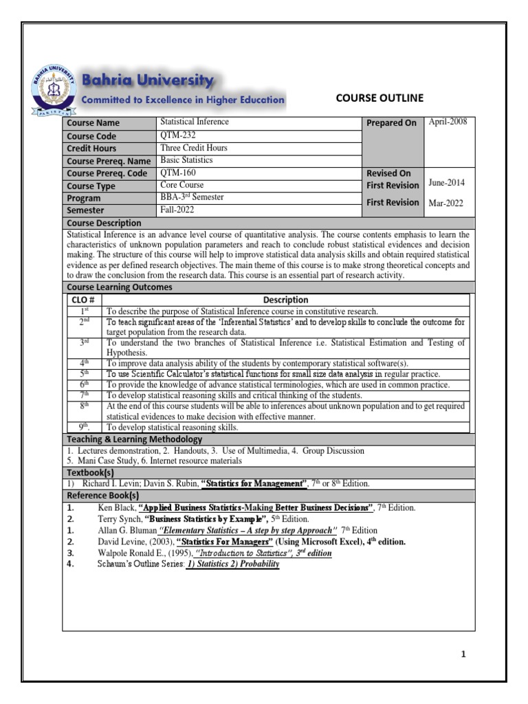 Course Outline Statistical Inference BBA QTM 232 30092022 081756am ...