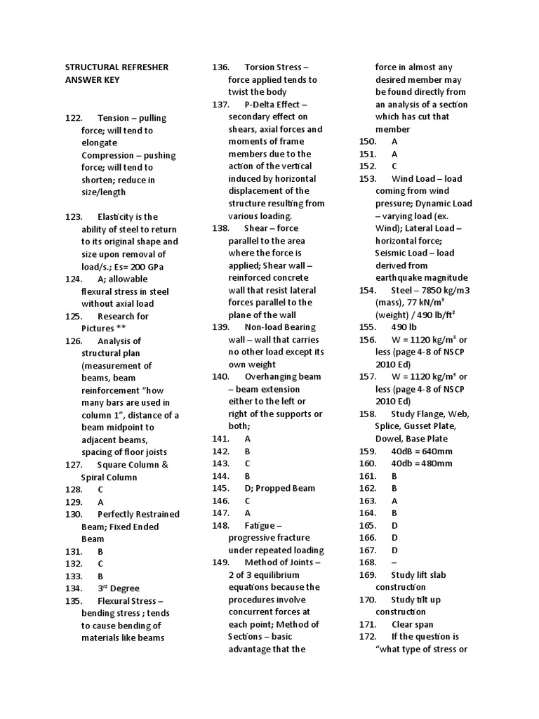 Structural Refresher Answer Key-1 | PDF | Beam (Structure) | Bending