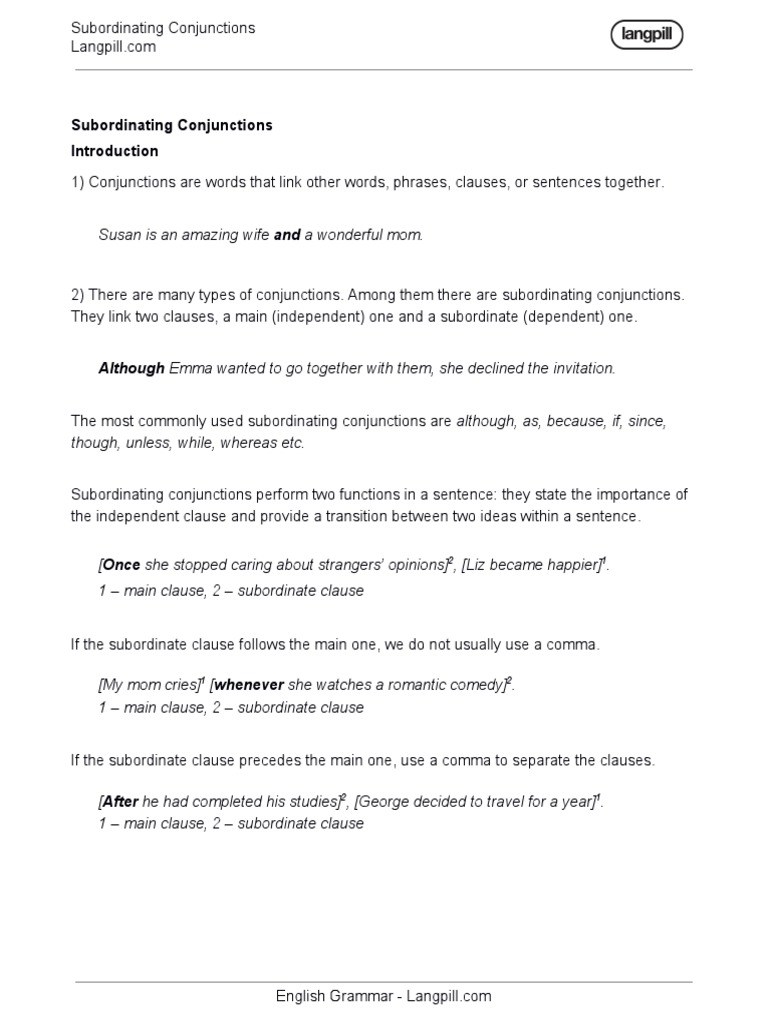 56 Subordinating Conjunctions Pdf Clause Language Mechanics