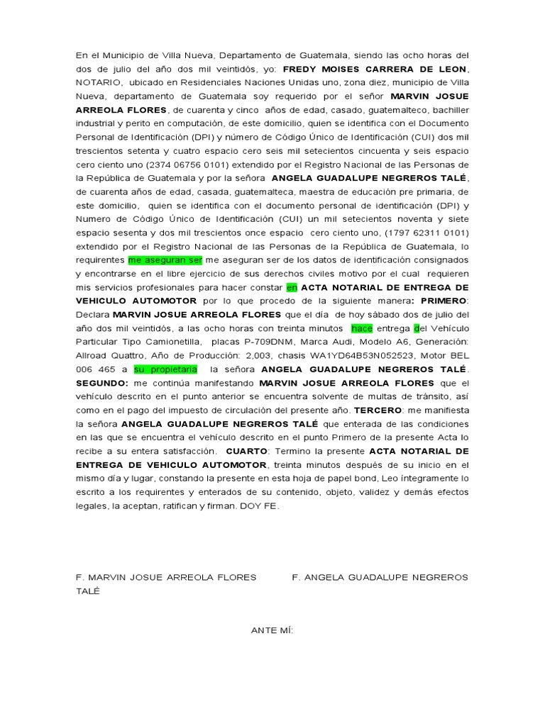 ACTA Notarial de Entrega de Vehiculo | PDF | Guatemala