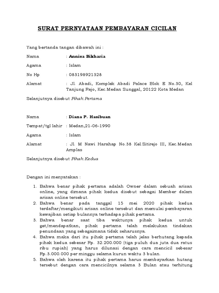 Surat Pernyataan Pembayaran Cicilan Arisan Online | PDF