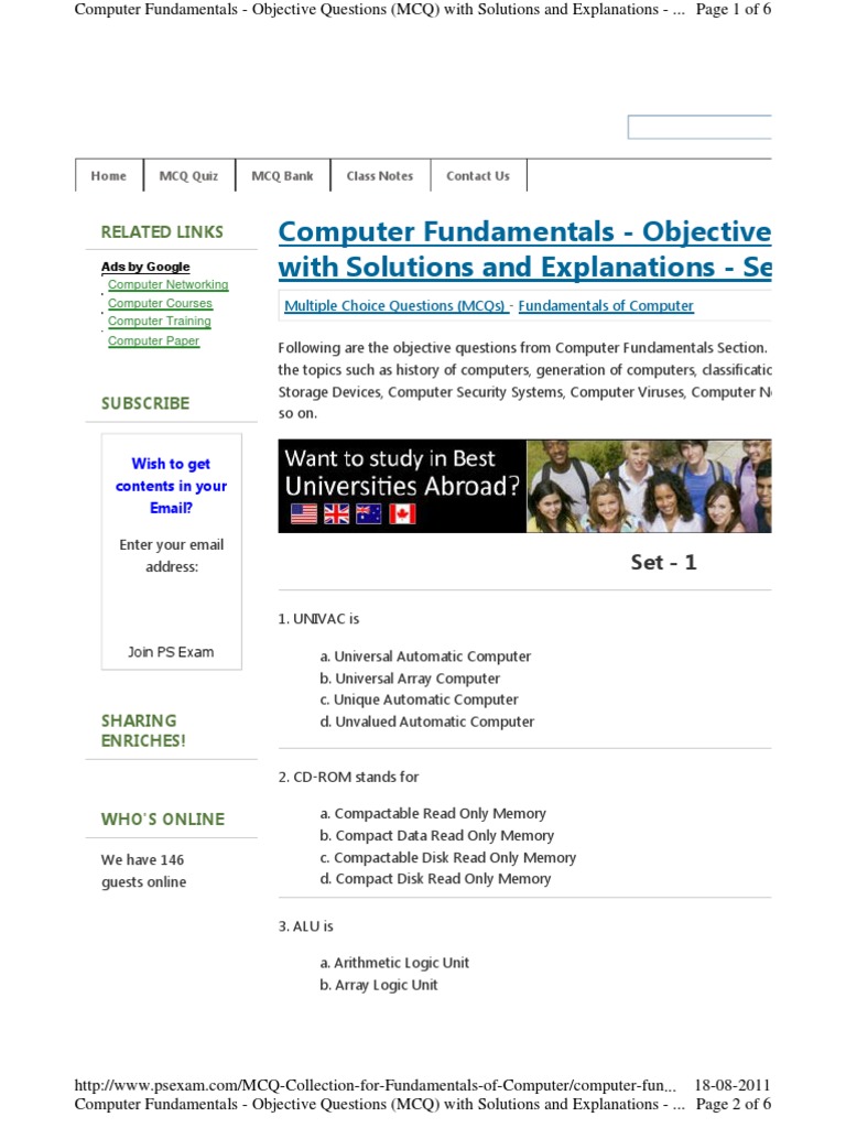 MCQs on Computer Fundamentals Set 1 | PDF | Computer Data Storage ...