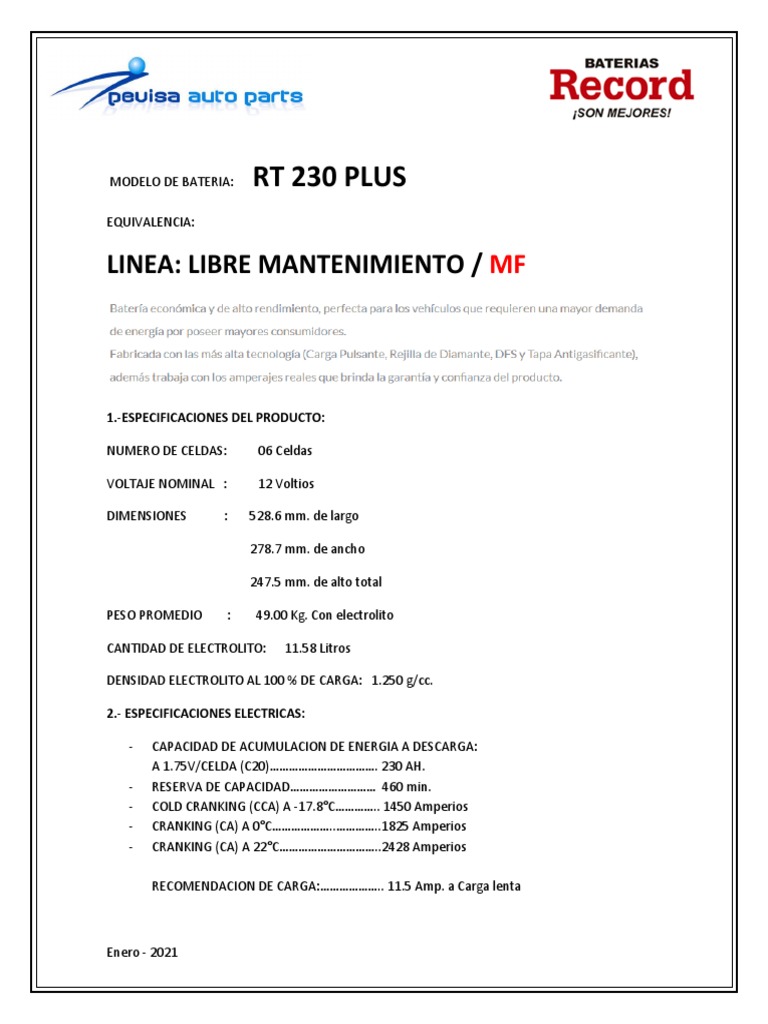 Especificaciones Tecnicas RT 230 Plus | PDF