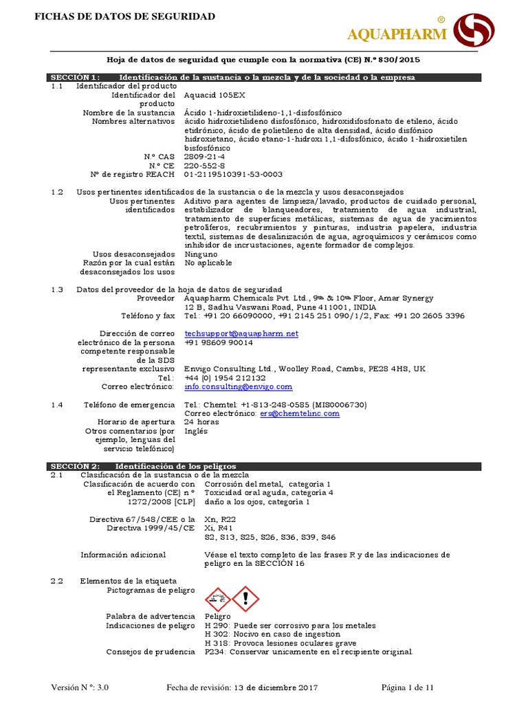 MSDS Aquacid 105EX (HEDP) Español - Aquapharm | PDF | Agua | Residuos