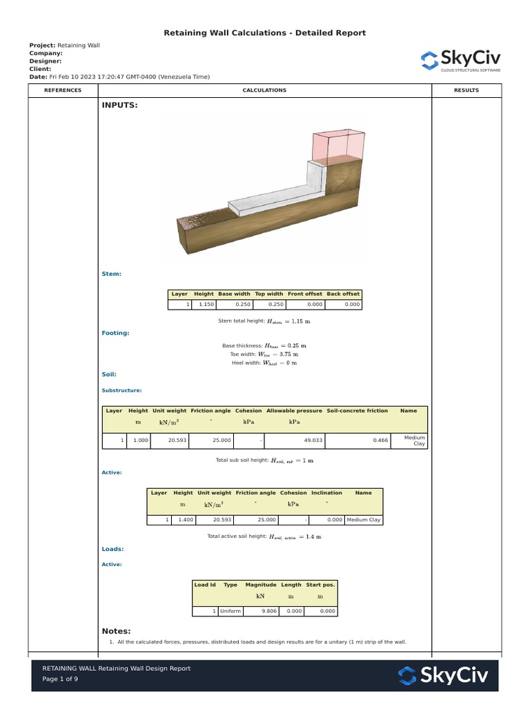 Retaining Wall Design Calculations | PDF | Bending | Concrete