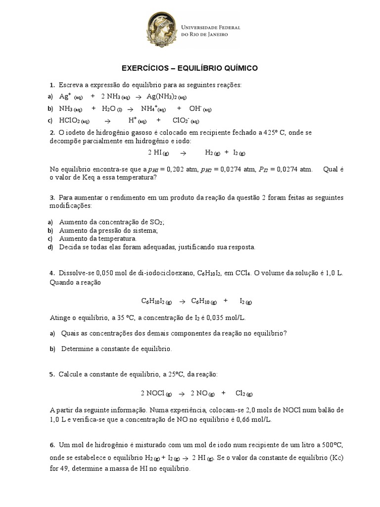 Lista de Exercícios - Equilíbrio Químico | PDF | Equilíbrio químico | Ph