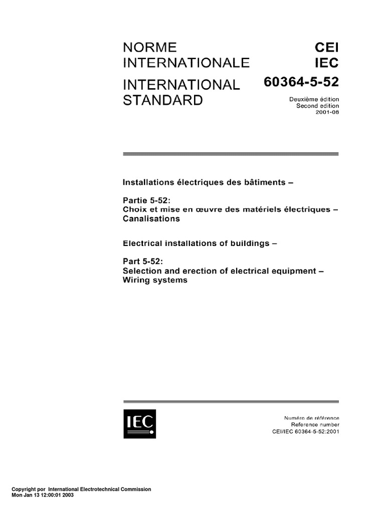 IEC 60364 - 5!52!2001 - Electrical Installation of Buildings | PDF | Geneva | Metrology