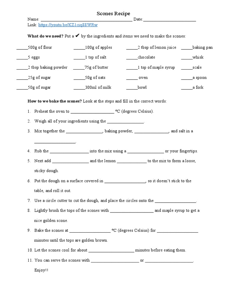 Scones Recipe Worksheet Link To Video in Document Video Movie ...