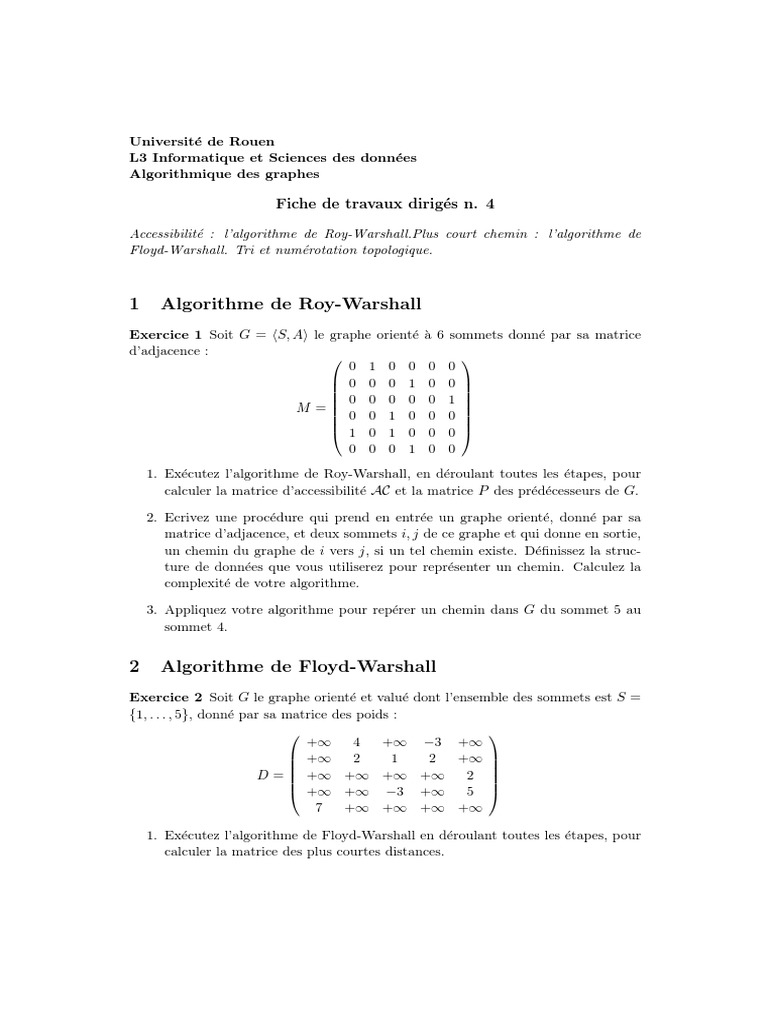 Algorithmes de Graphes: Roy-Warshall, Floyd-Warshall et Tri Topologique ...