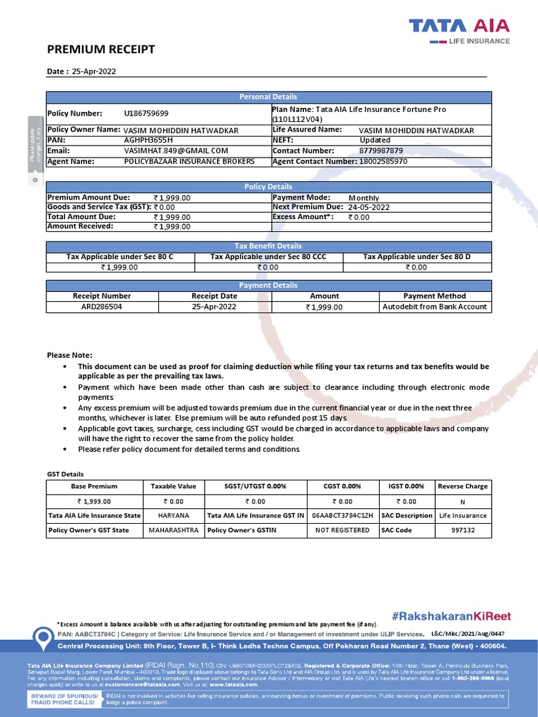 Tata AIA Life Insurance Premium Receipt | PDF | Insurance | Life Insurance